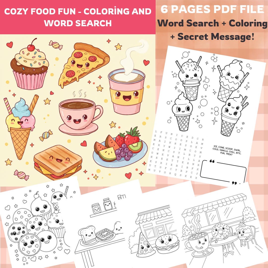 Cozy Kawaii Coloring Book Pages, Cute Sweet Treats, Word Search Puzzle ...