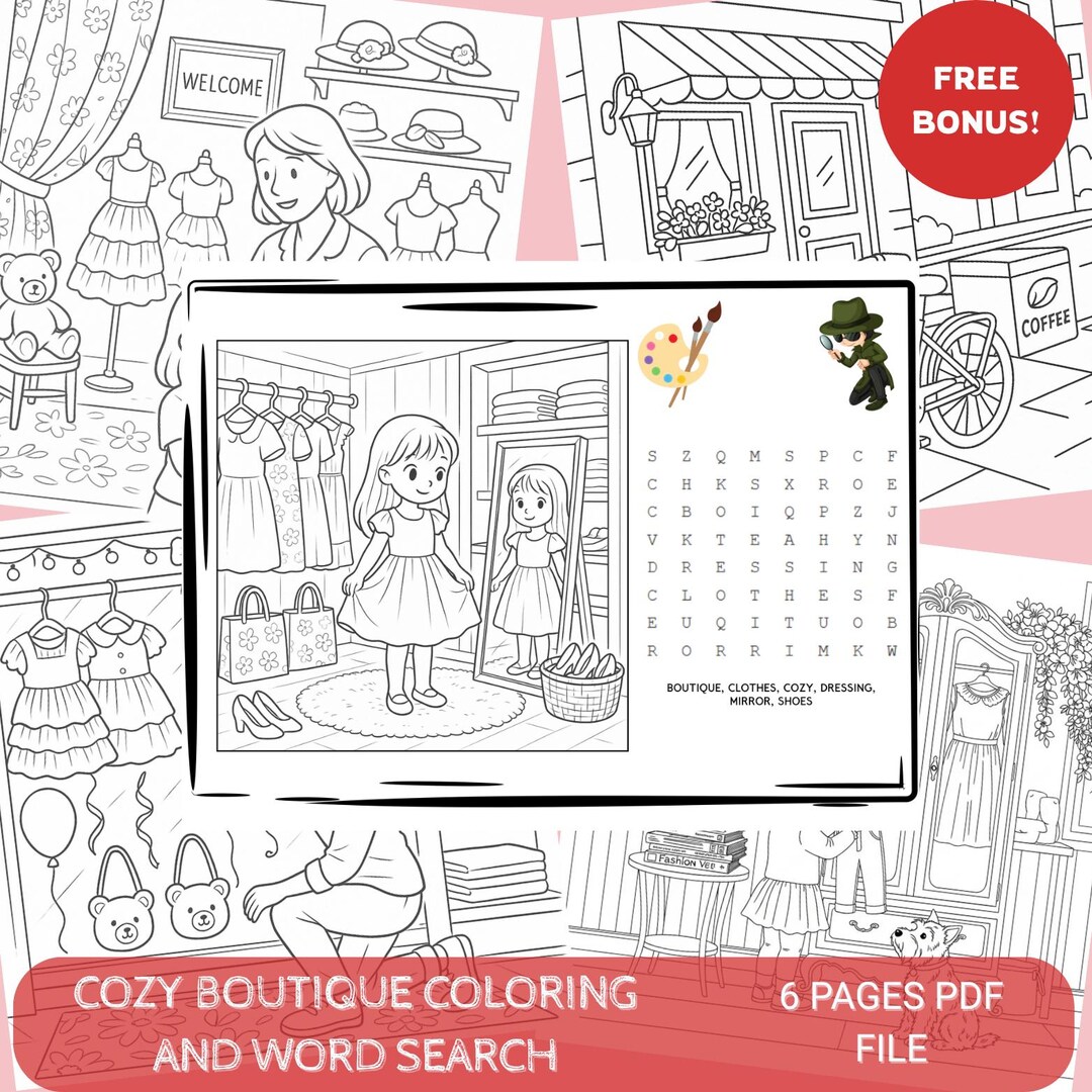 Boutique Coloring Pages, Girls Word Search PDF, Printable Activity Set ...