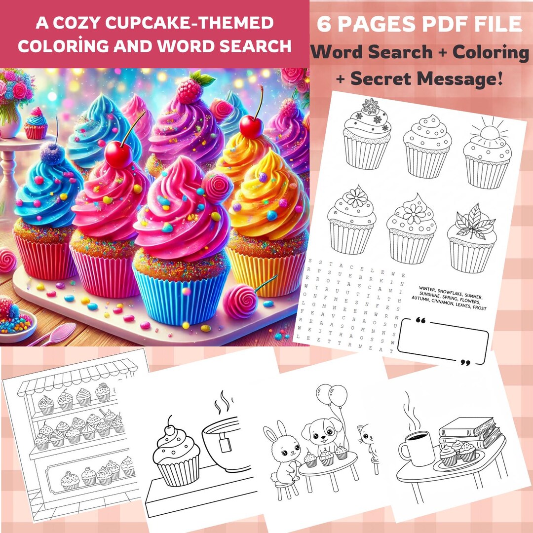 Cozy Cupcake Coloring Pages for Kids and Adults, Word Search Printable ...