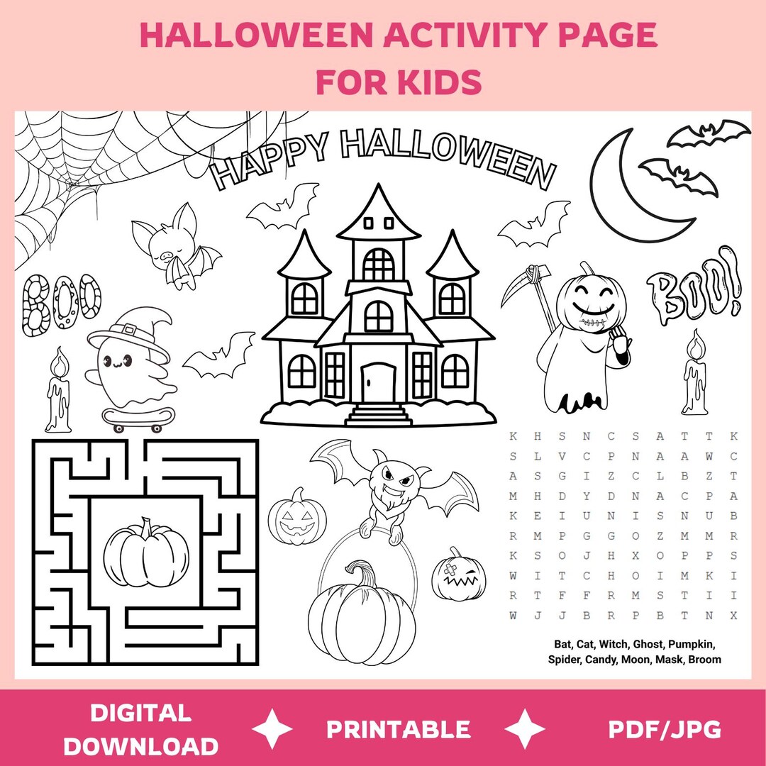 Halloween Kids Activity Page Printable, Maze Word Search Coloring Sheet ...
