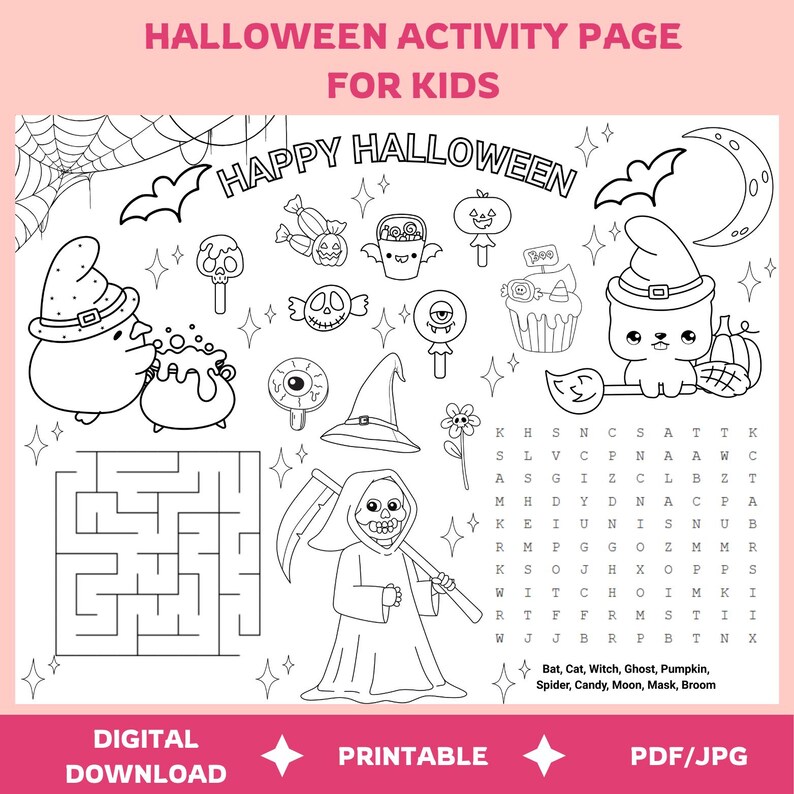 Halloween Activity Sheet: Coloring Page, Maze, Word Search (digital ...