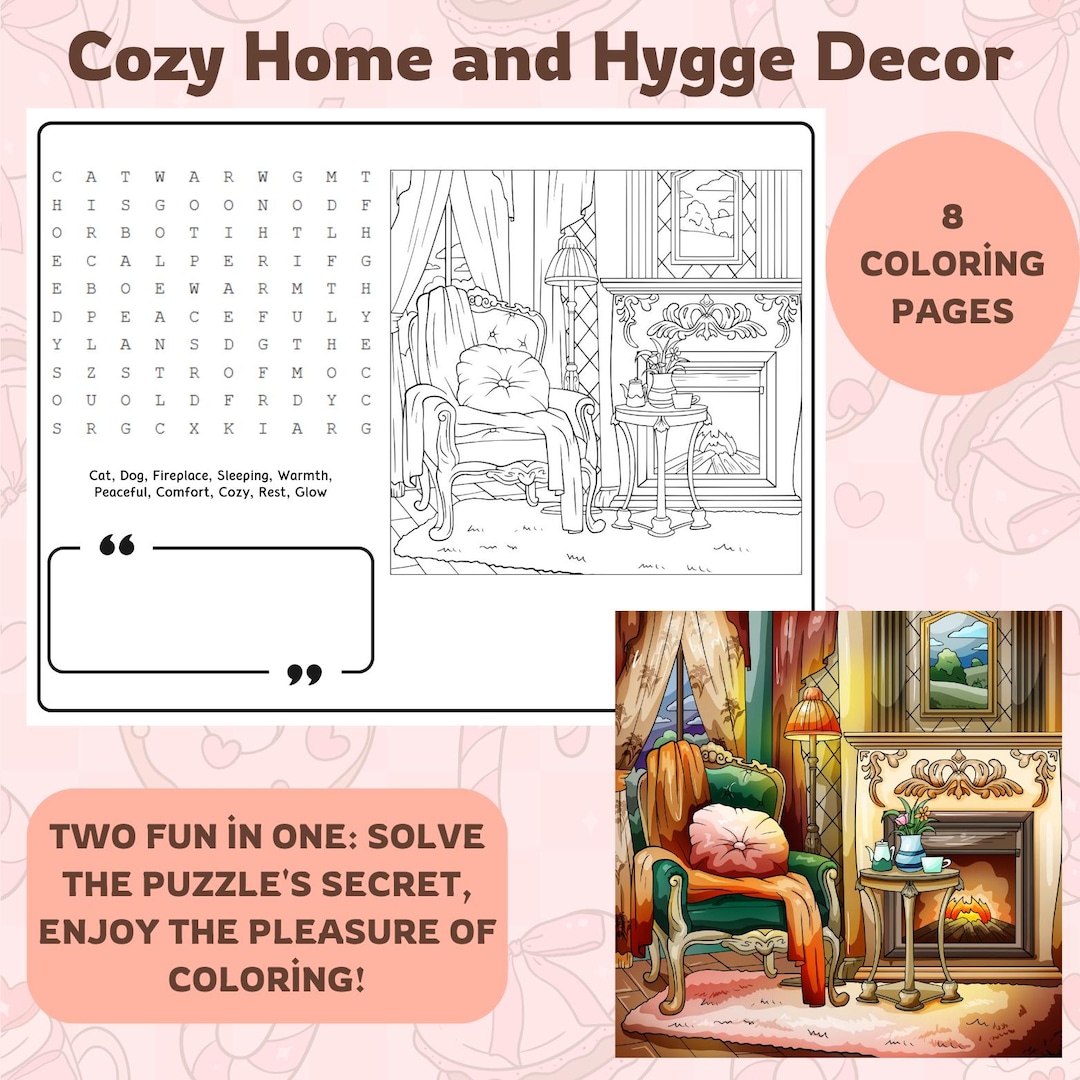Cozy Home Coloring Pages: Hygge Decor Word Search (PDF) - Etsy