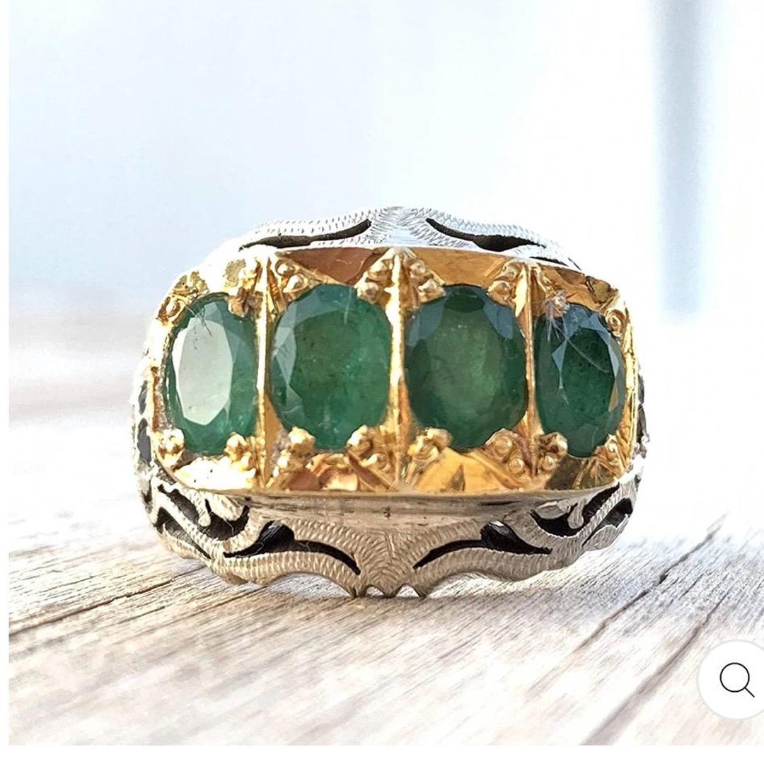 4 Carats Mens Emerald Ring, Handmade Natural Emerald 925 Sterling ...