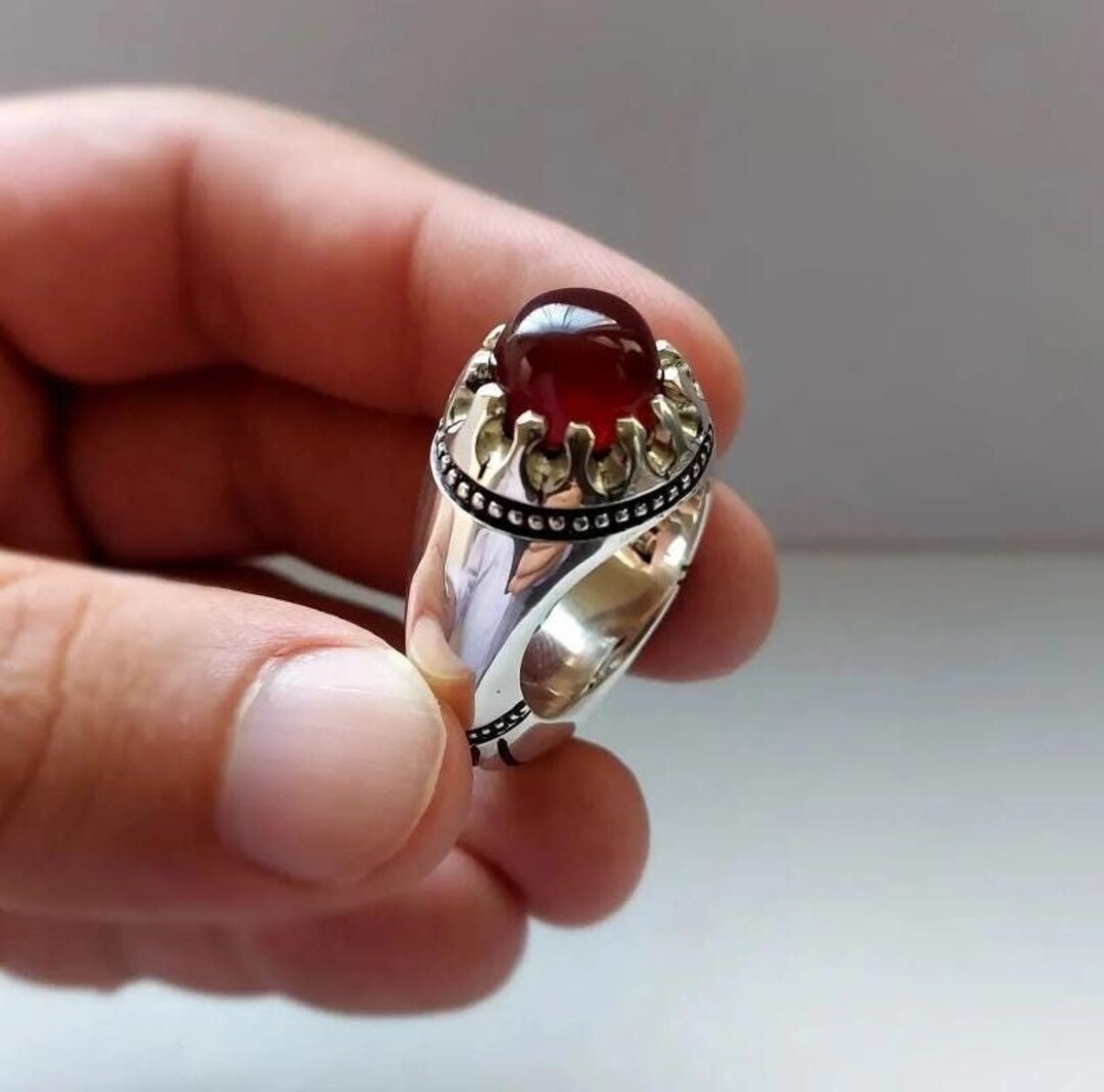 Yemeni Aqeeq Ring for Men, Natural Agate Rings, 925 Sterling Silver ...