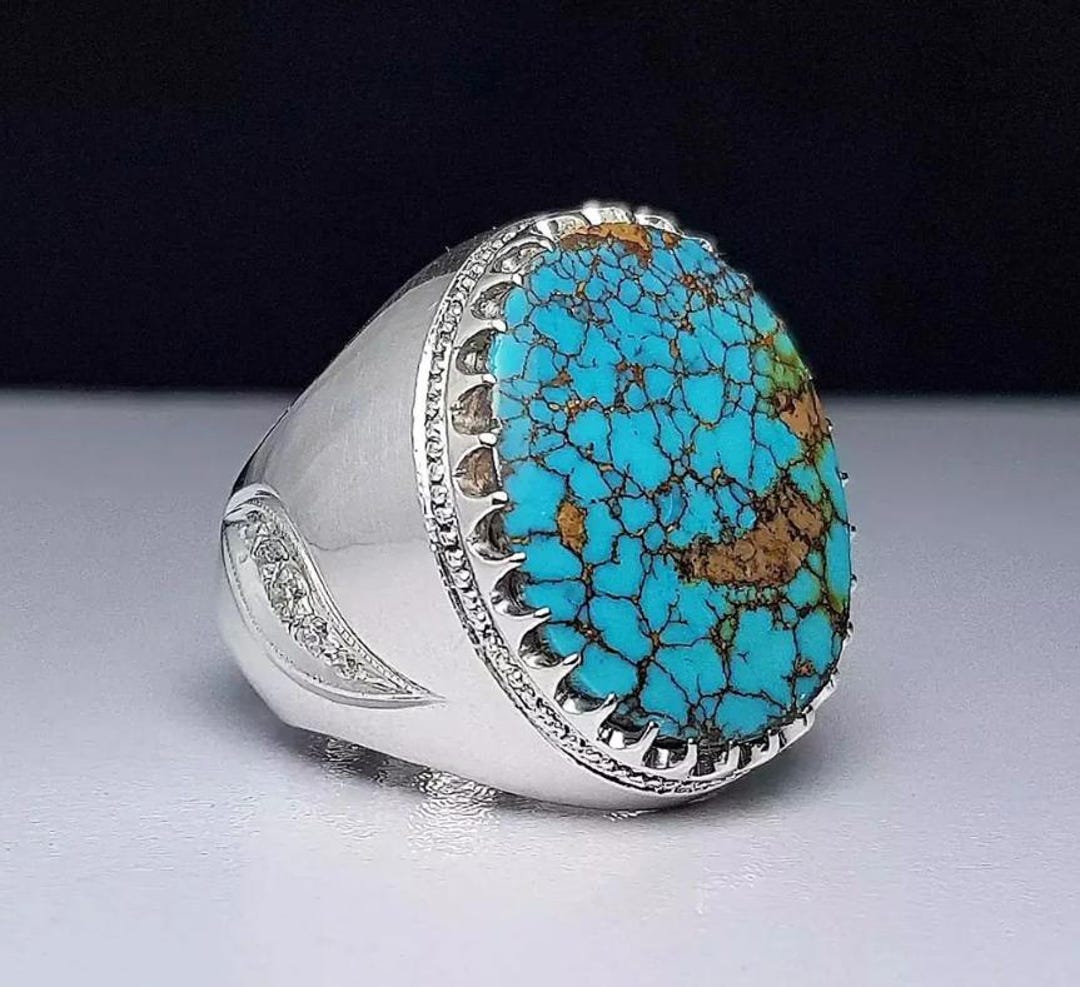 Handcrafted Big Turquoise Ring, 925 Sterling Silver for Men, Natural ...