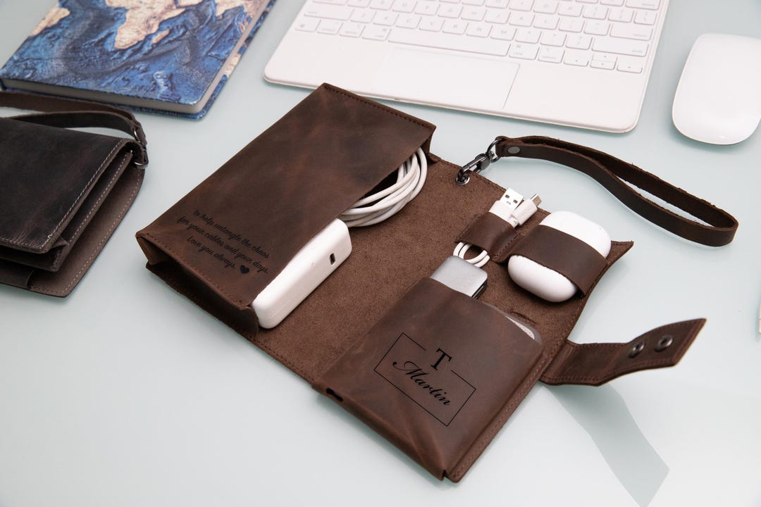 Personalized Full Grain Leather Cable Organizer, Customized Travel ...