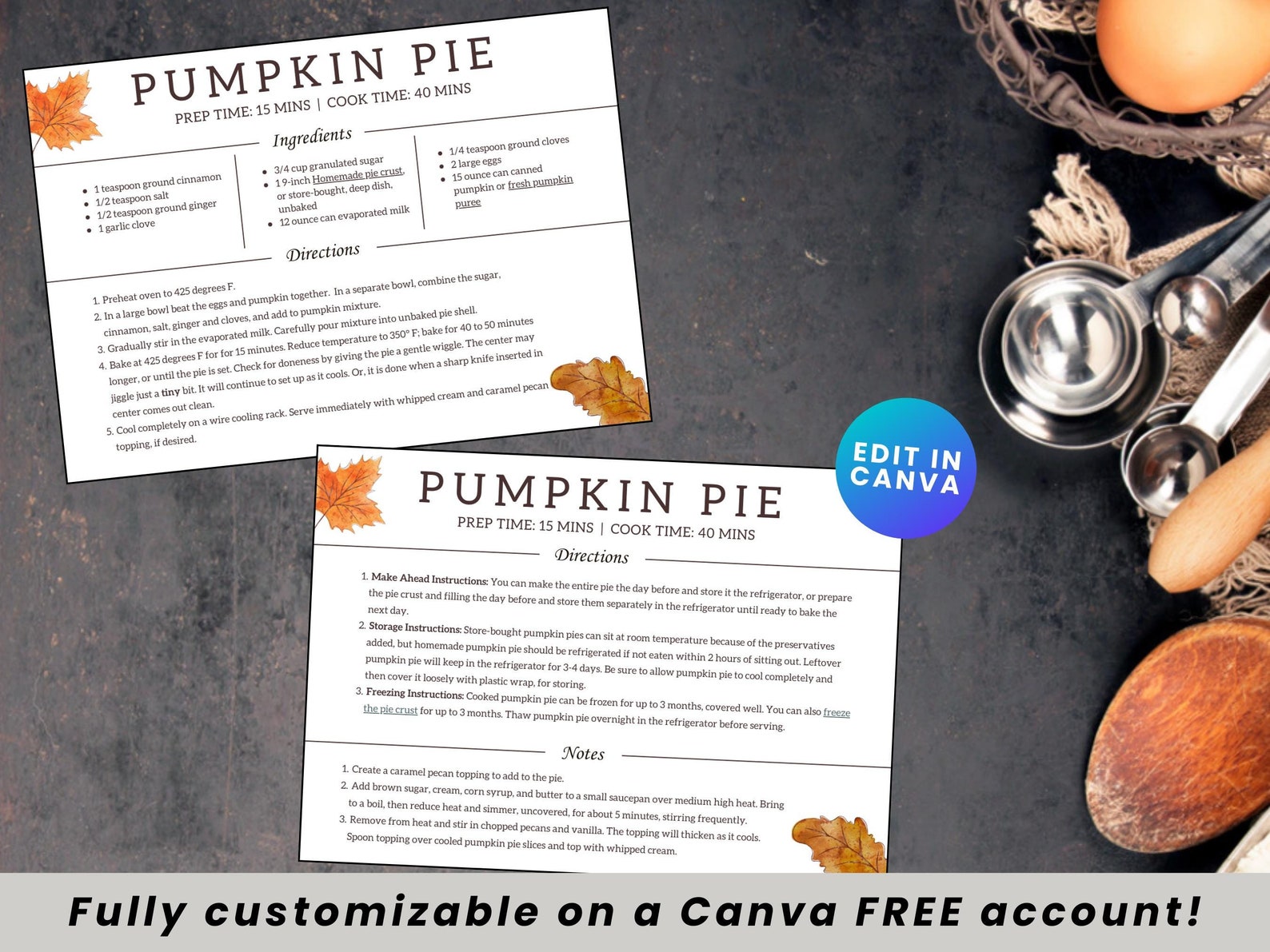 Editable Recipe Cards Template, Fall Themed Printable Recipe Card, DIY ...
