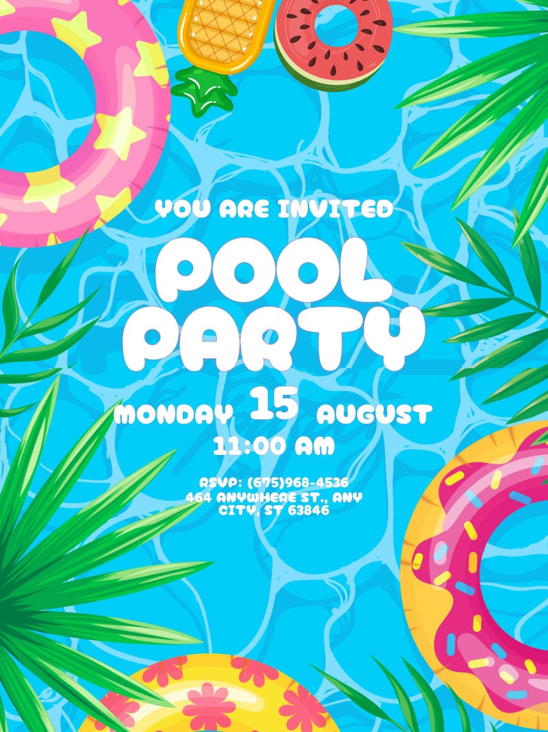 Pool Party Invitation, Kids Birthday Party Invite, Canva Template ...