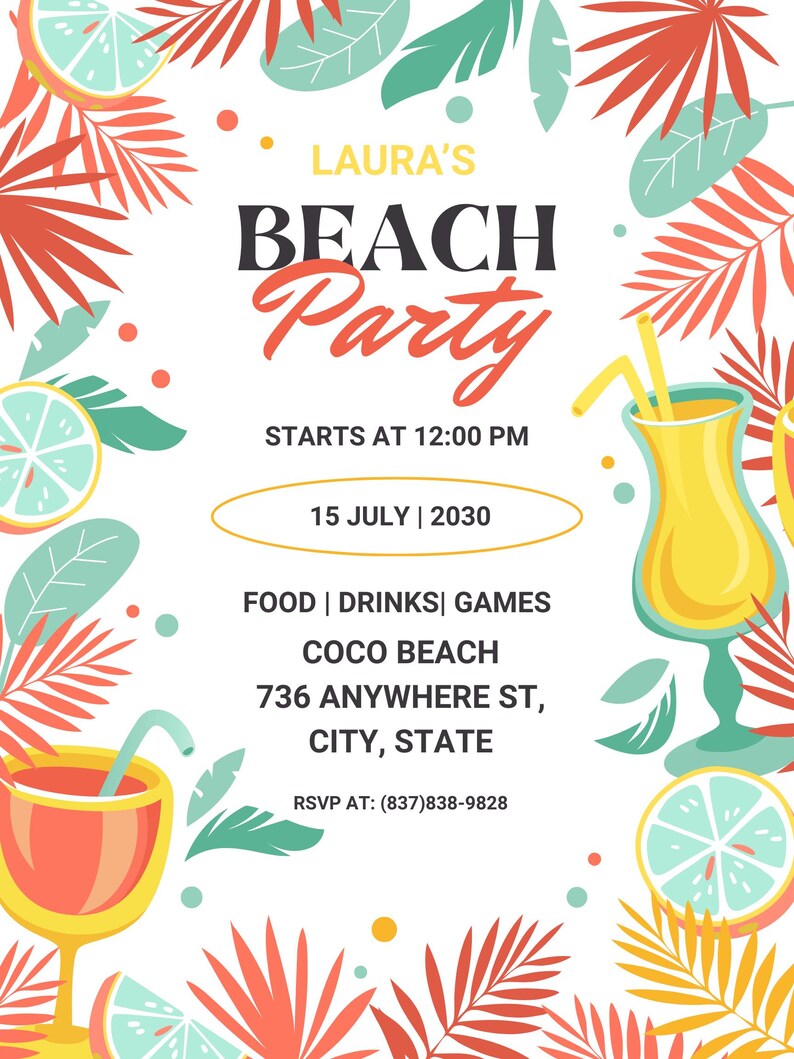 Beach Party Invitation, Summer Time Party Invite, RSVP Invitation ...