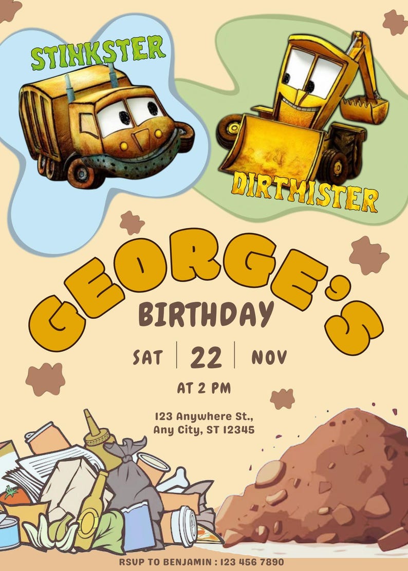 Stinky and Dirty Themed Birthday Invitation | Editable Canva Template ...
