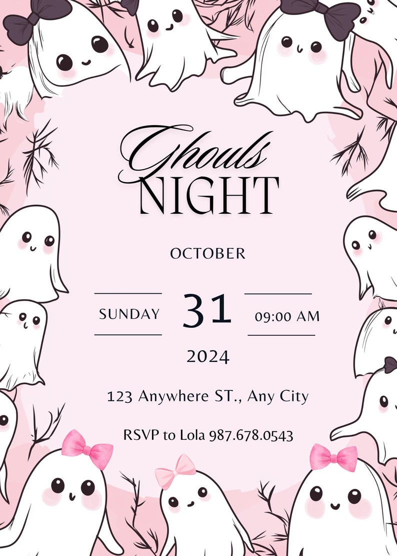 Editable Ghouls Night Halloween Invitation, Cute Pink Ghost Theme ...