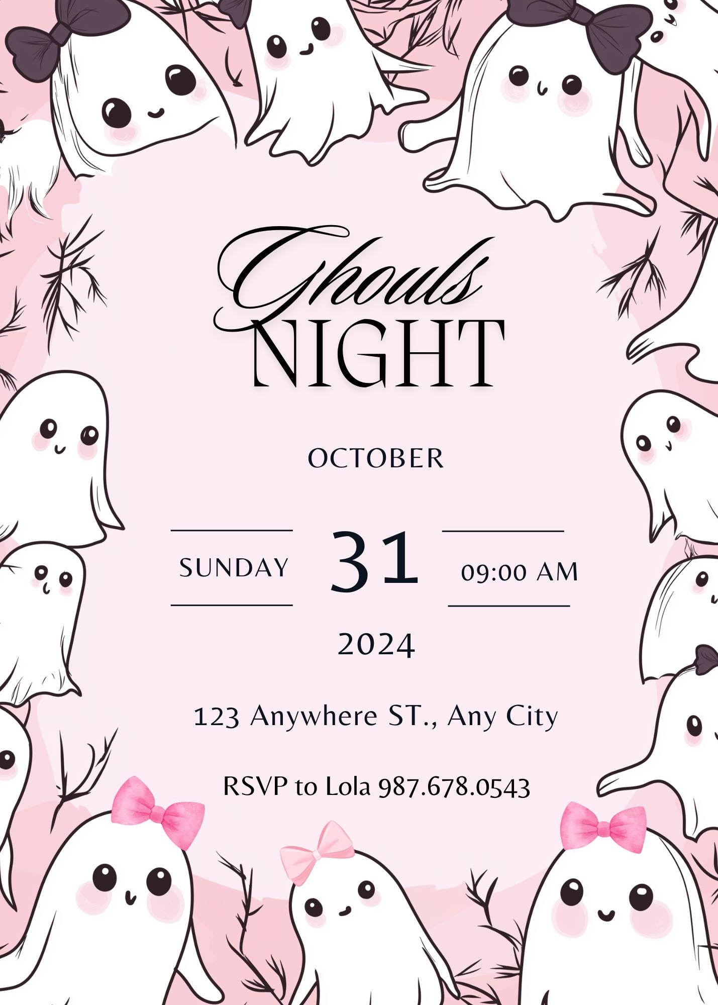 Editable Ghouls Night Halloween Invitation, Cute Pink Ghost Theme ...