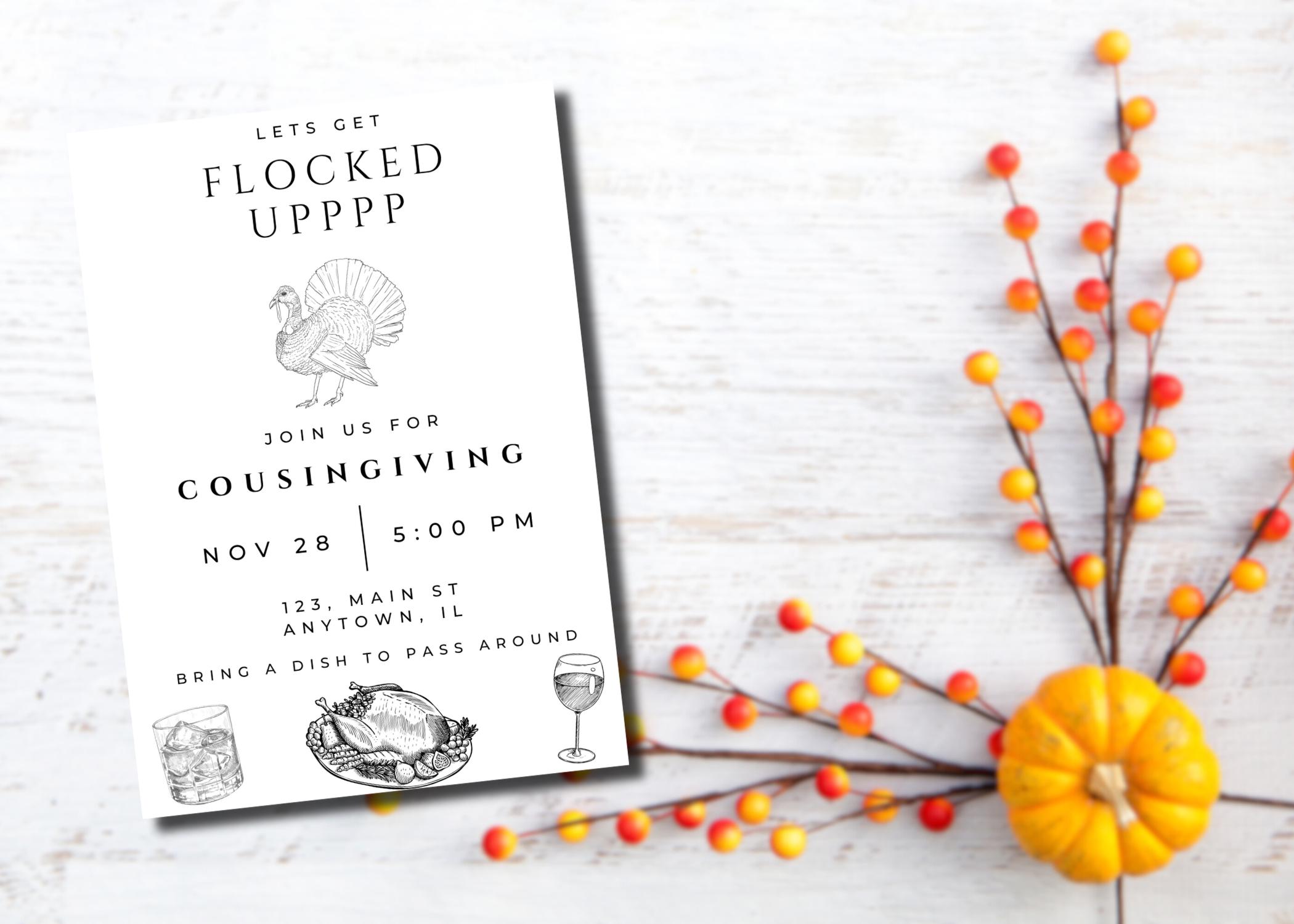 Let's Get Flocked up Cousingiving Invitation, Black & White ...