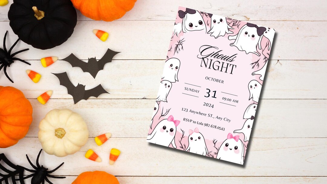 Editable Ghouls Night Halloween Invitation, Cute Pink Ghost Theme ...