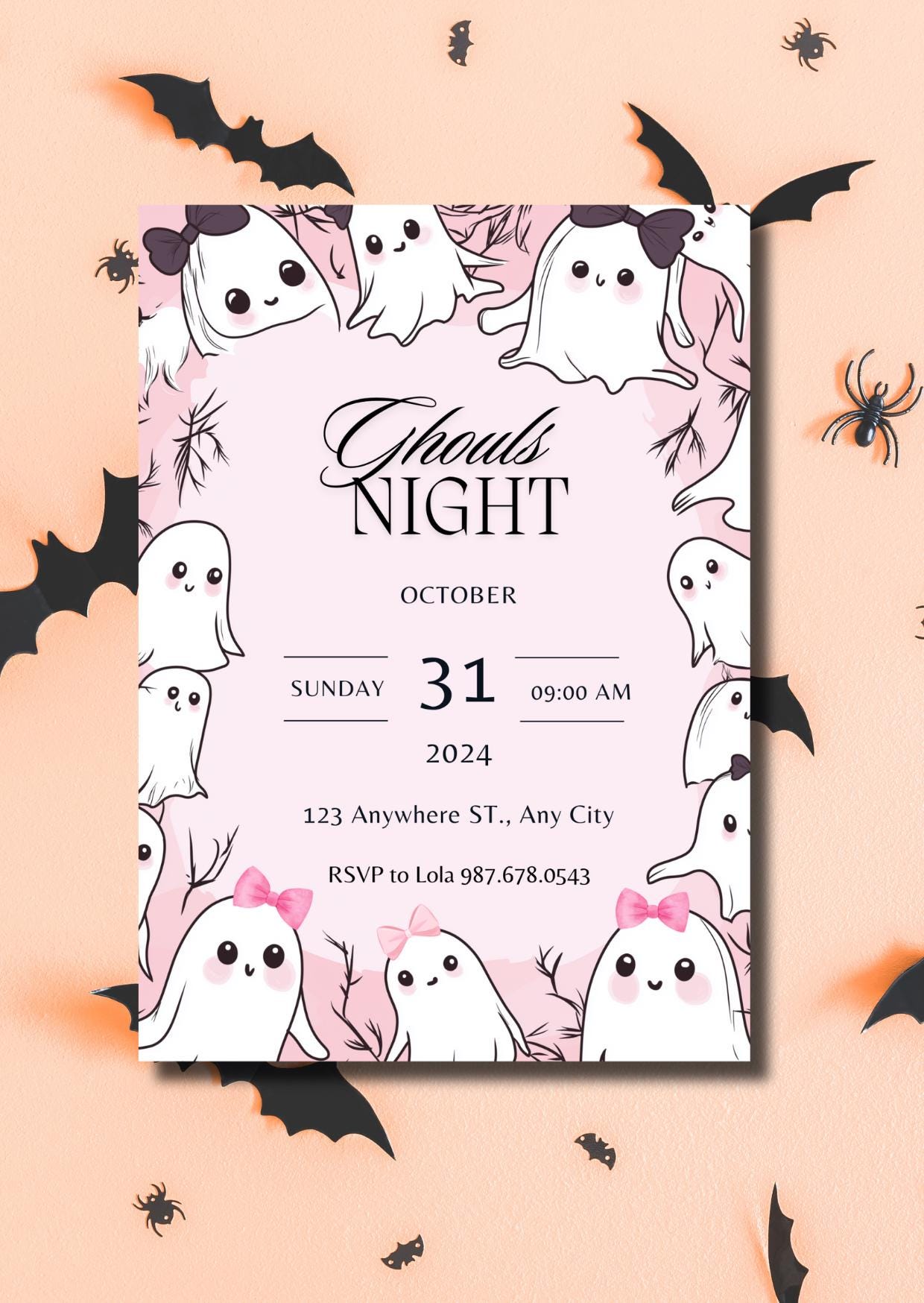 Editable Ghouls Night Halloween Invitation, Cute Pink Ghost Theme ...