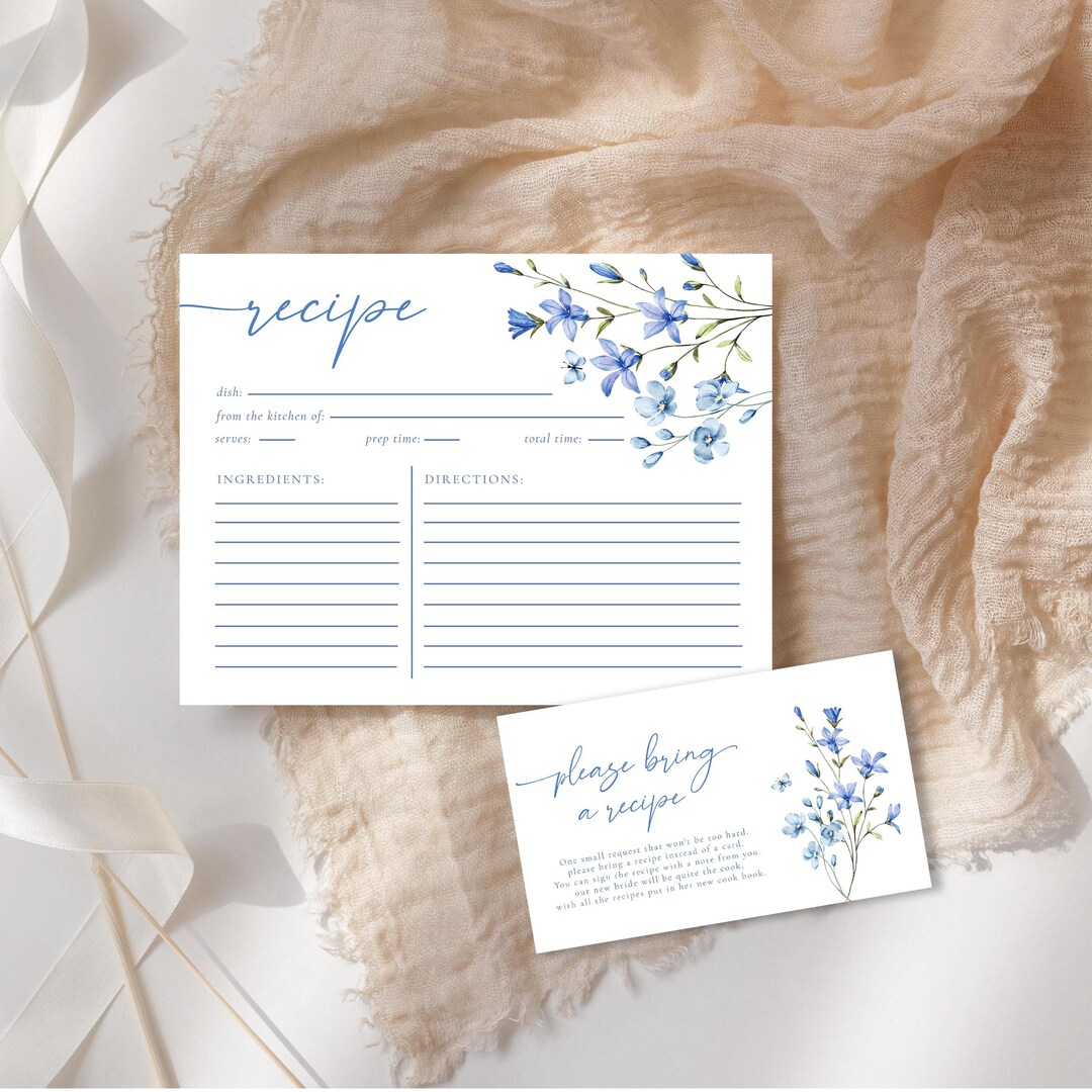 Blue Floral Recipe Card Template, Printable Bridal Shower Recipe Insert ...