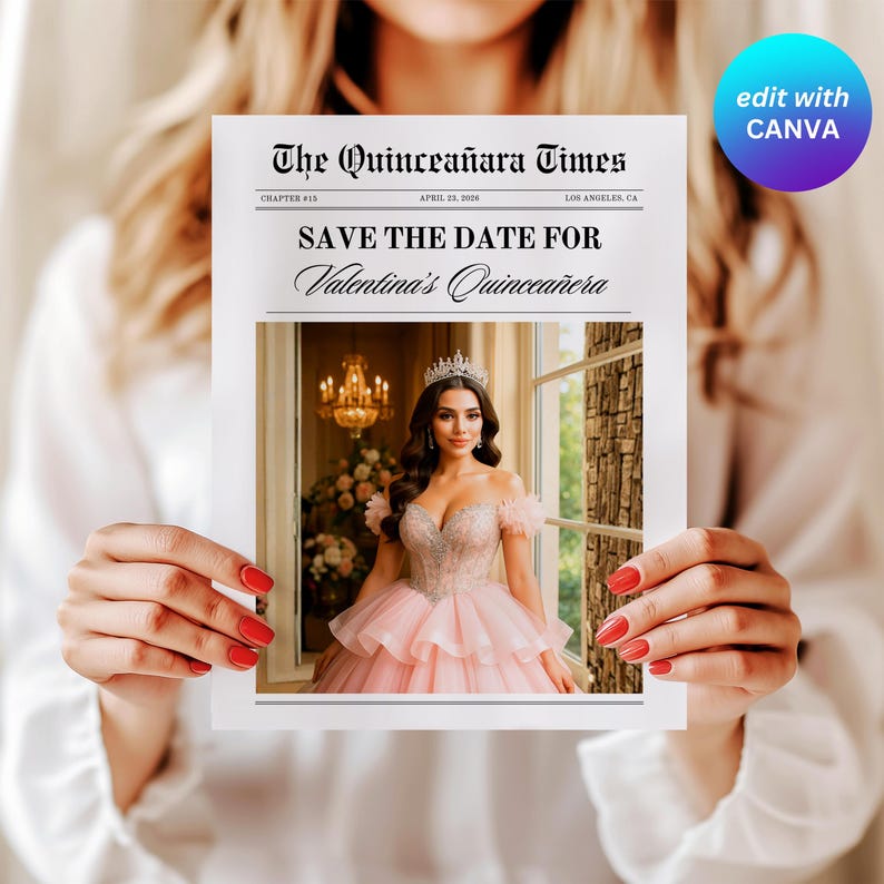 Quinceañera Save the Date Newspaper, Canva Template, Quince Photoshoot ...