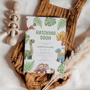 Editable Hatching Soon Dinosaur Boy Baby Shower Invitation Template ...