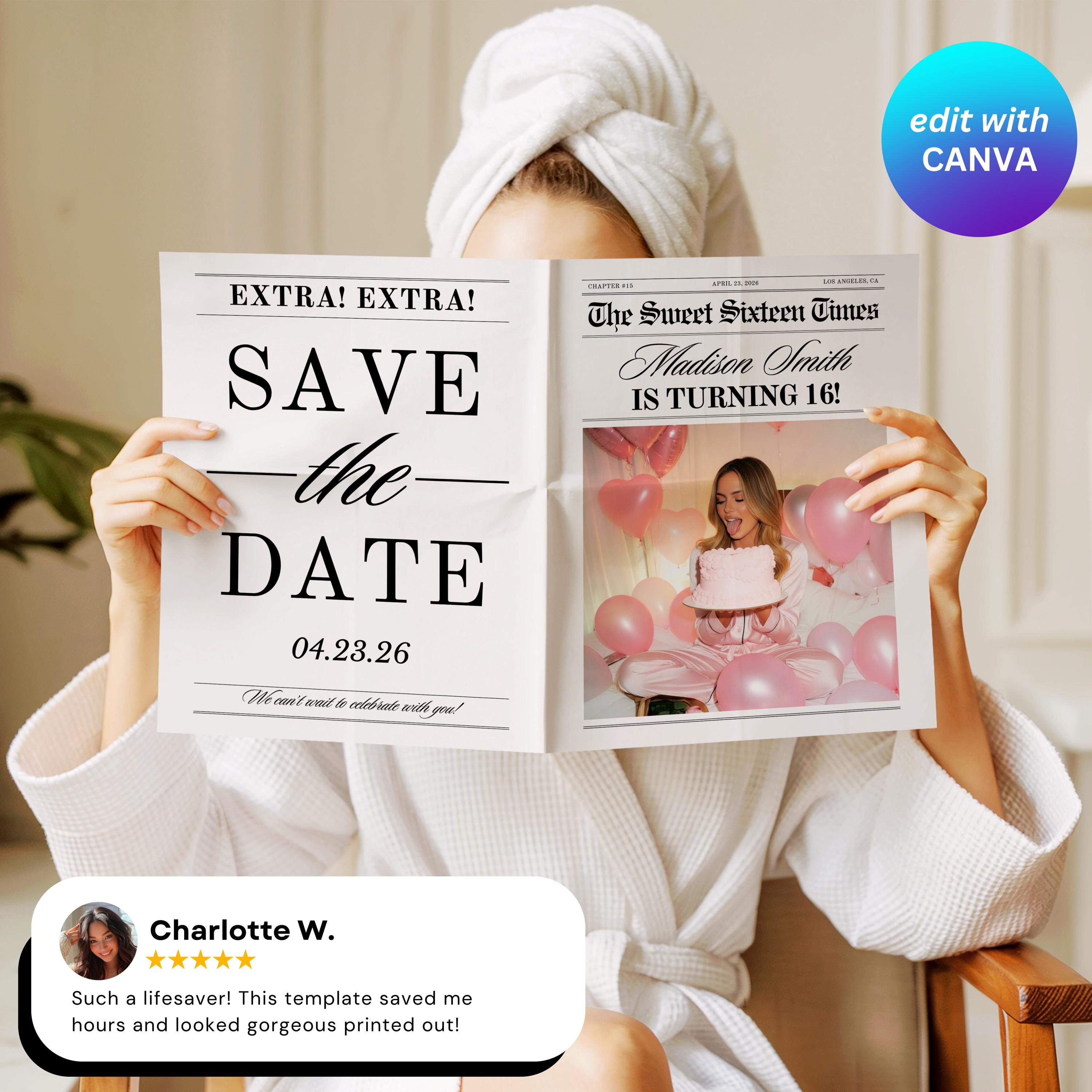 16th Birthday Newspaper Template, Sweet Sixteen Birthday Invite, Sweet ...