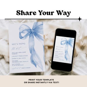 She's Tying the Knot Bridal Shower Invitation Template Dusty Blue Bow ...
