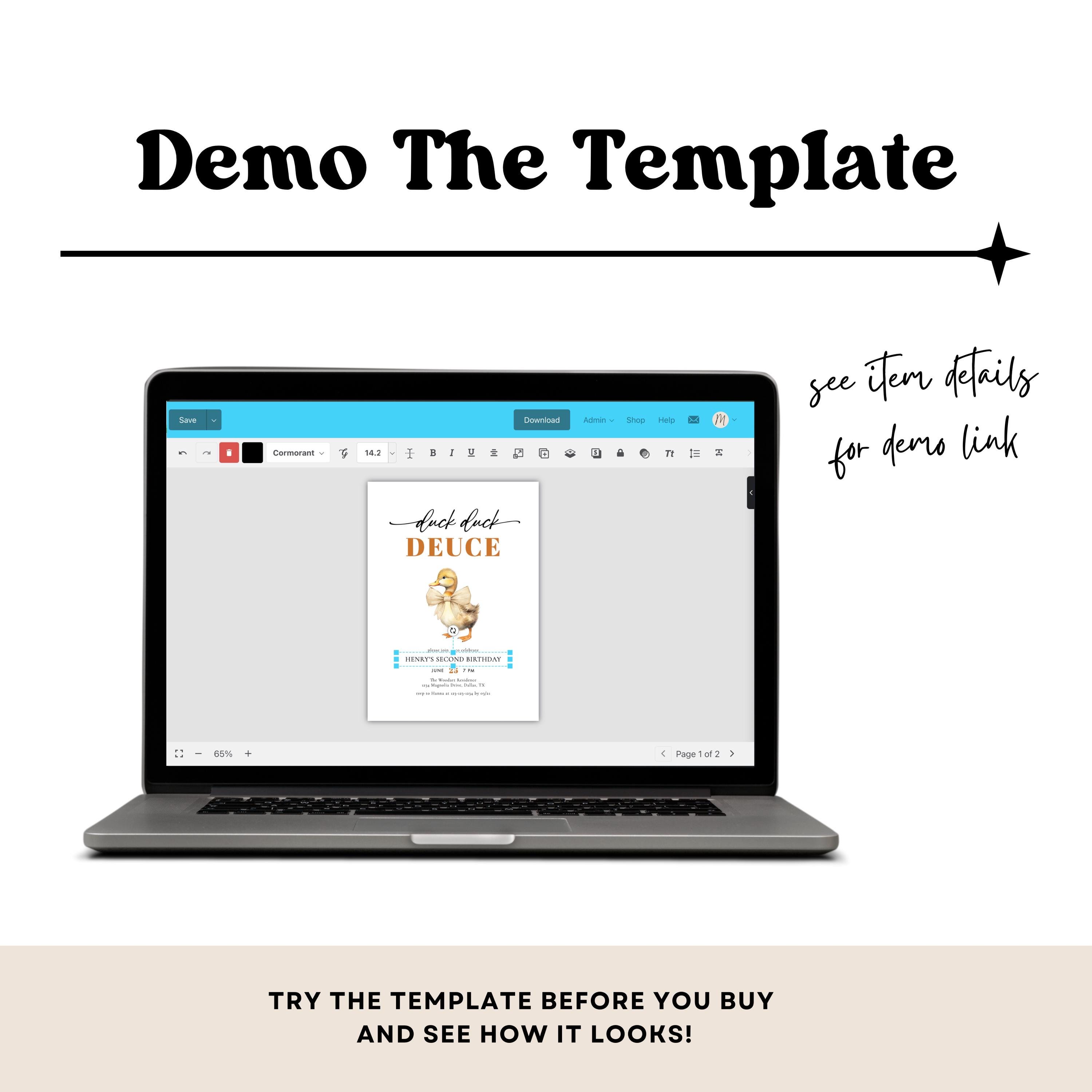 Editable Duck 2nd Birthday Invitation Template, Boy Duck Duck Deuce ...