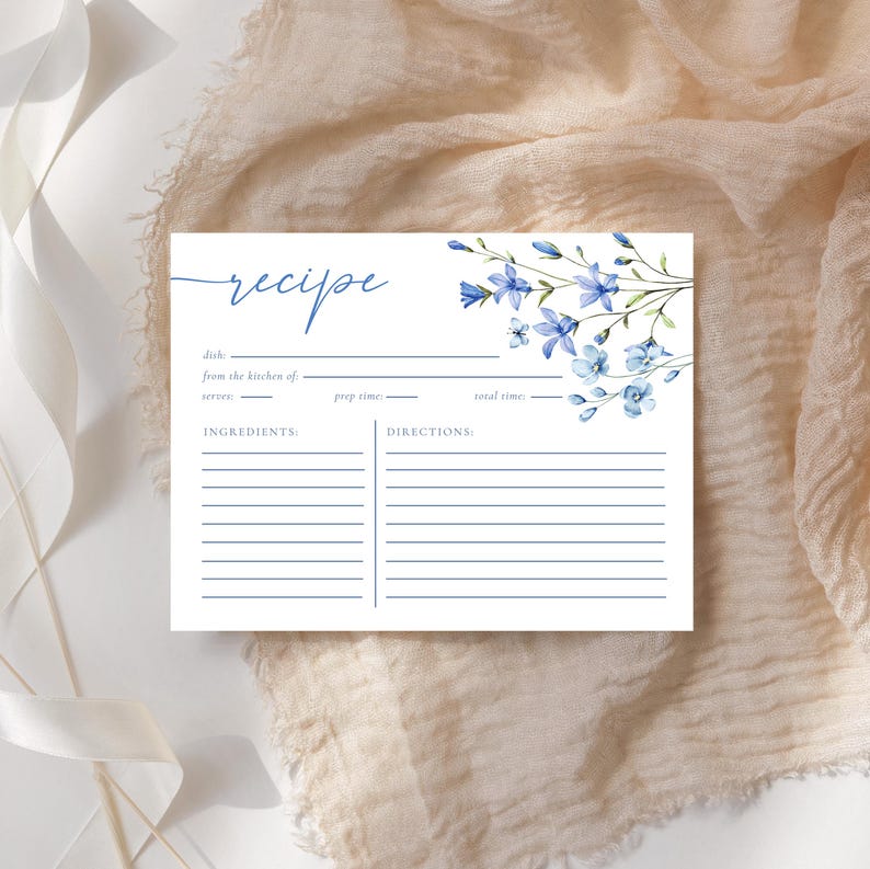 Blue Floral Recipe Card Template, Printable Bridal Shower Recipe Insert ...