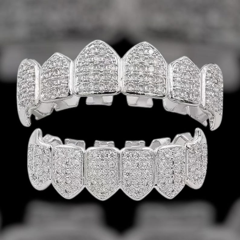 2-piece Set Hip Hop Cubic Zirconia Tooth Grills, Top and Bottom Mouth ...
