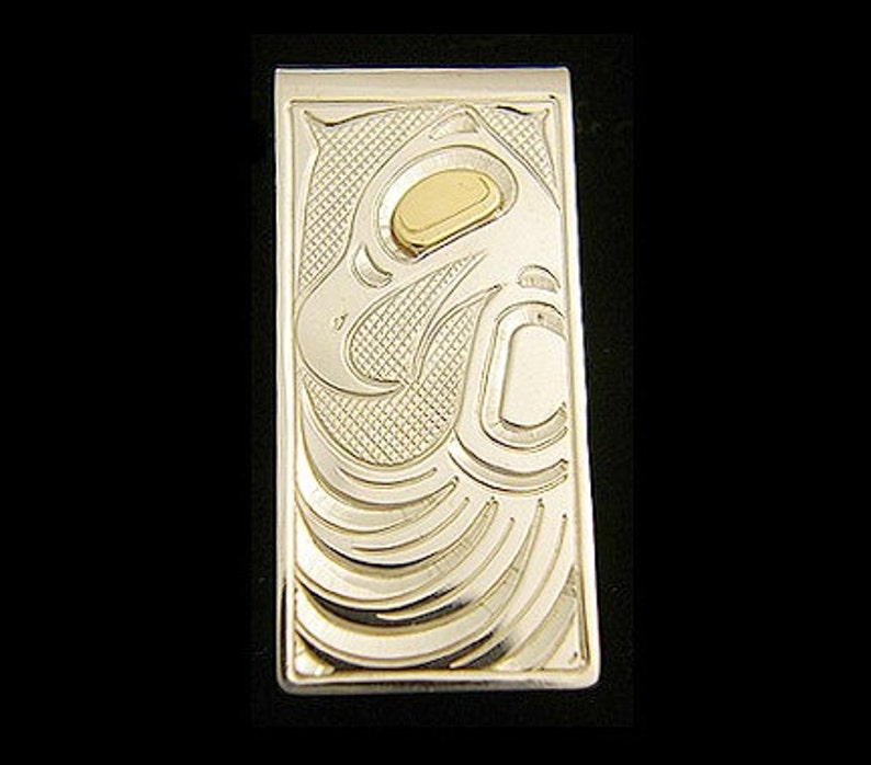 Northwest Native American Sterling Silver and 14k Gold Native Moneyclip ...
