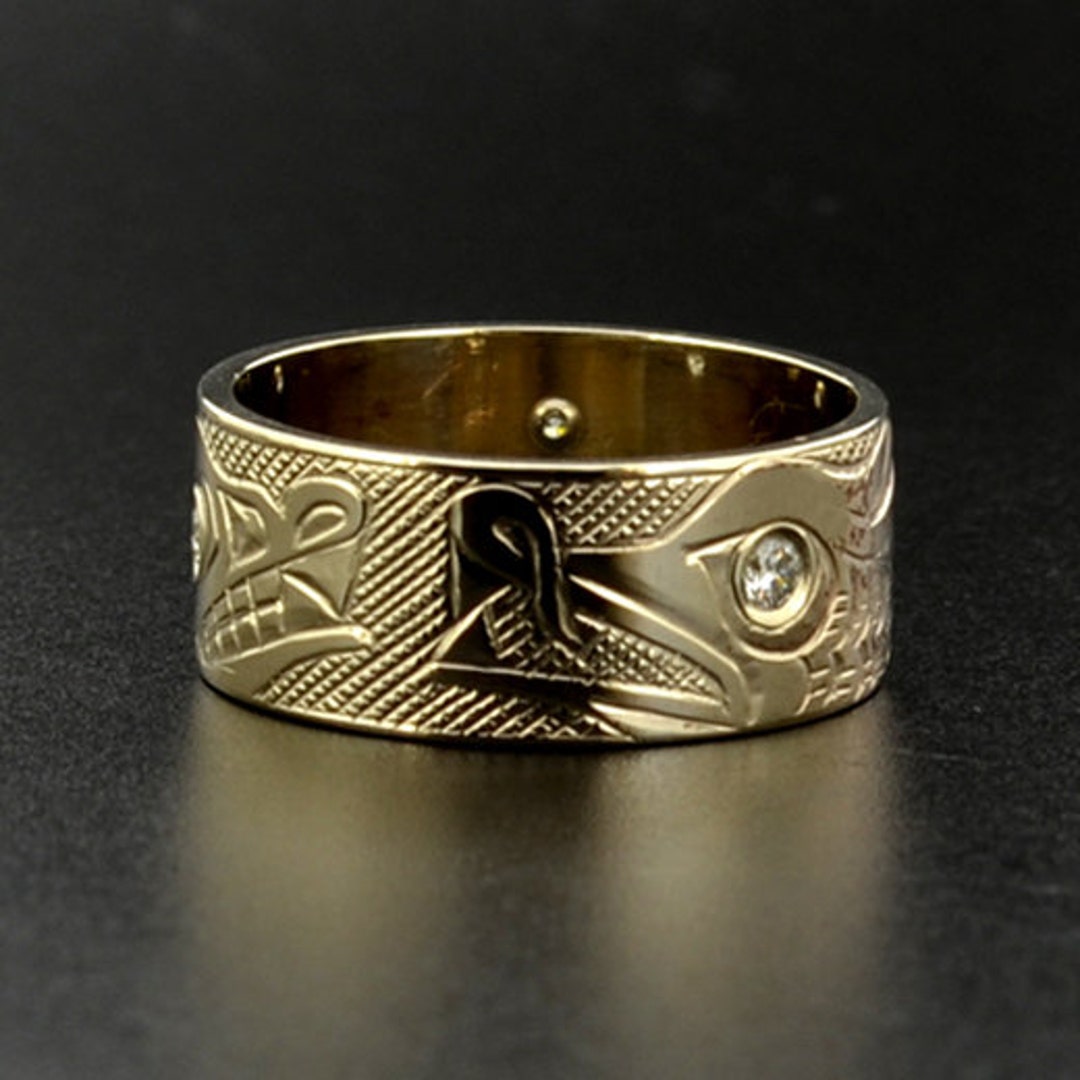 Native Wolf and Nordic Dragon 14k Gold Ring With Diamonds First Nations ...