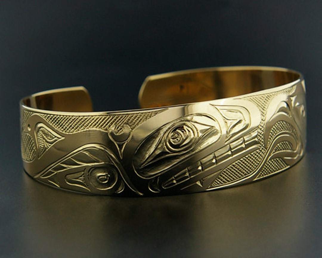 Solid 14 Karat Gold Northwest Native Cuff Bracelet Orca and Eagle ...
