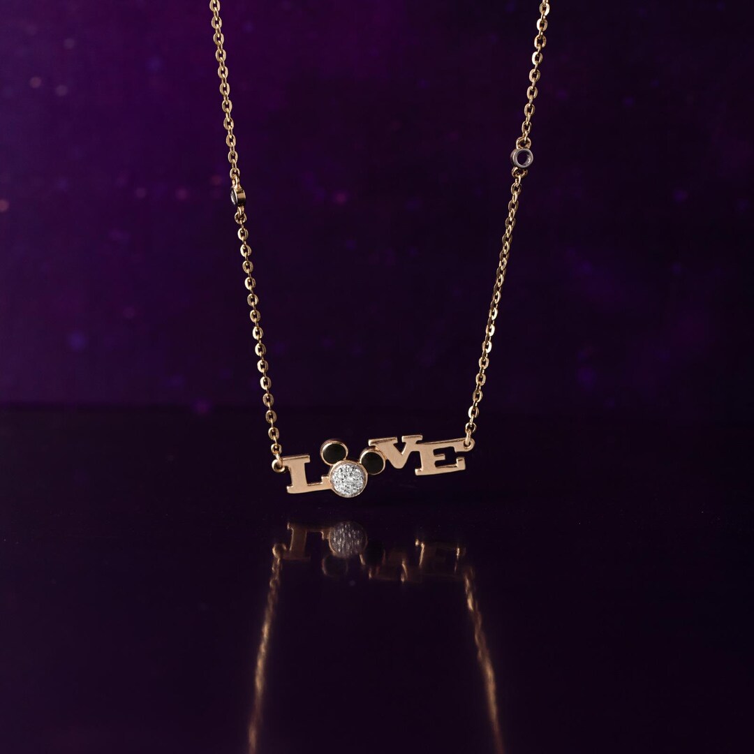 Mickey Mouse Love Diamond Necklace Set, 14KT Yellow Solid Gold, Lab ...