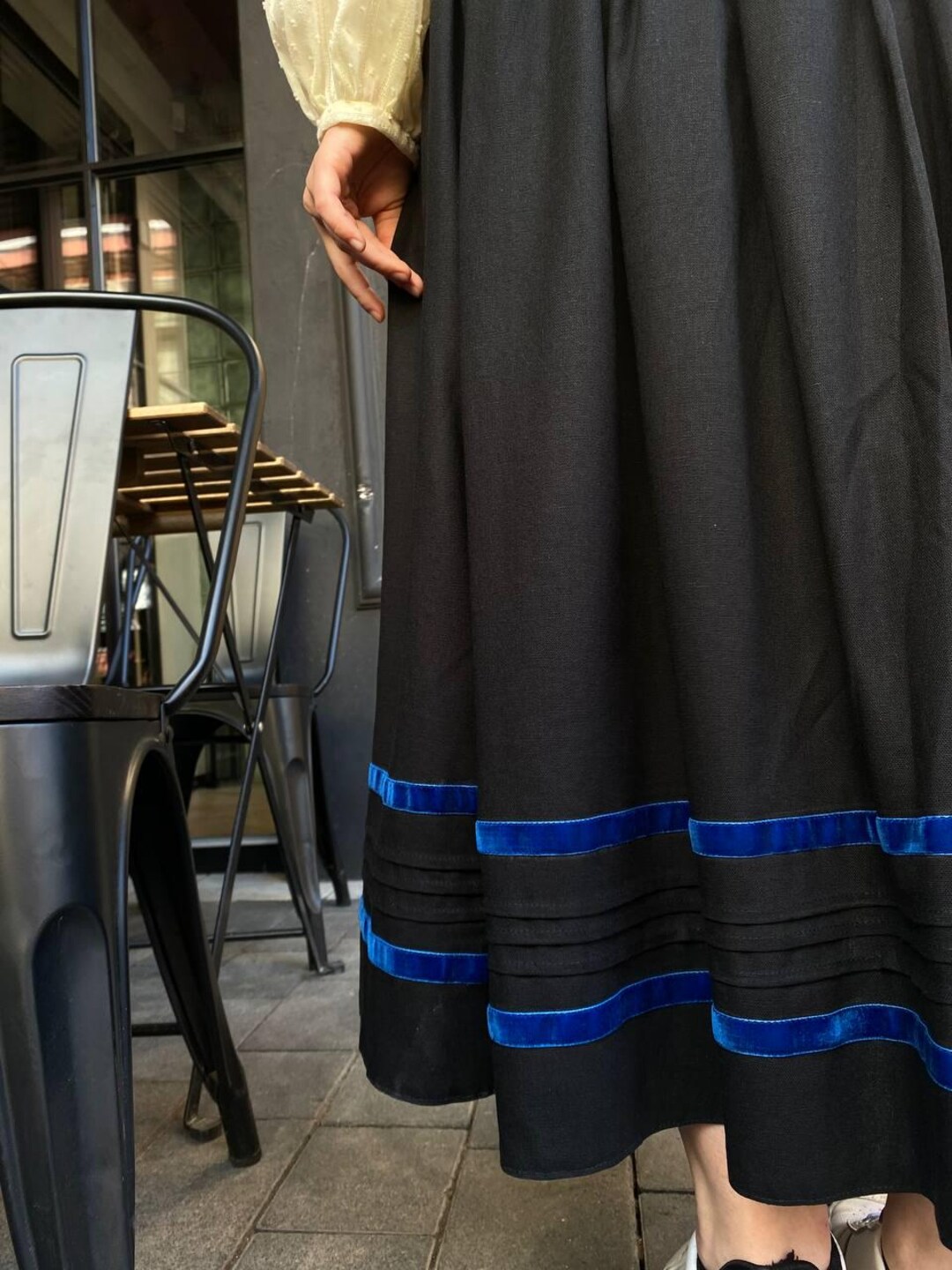 Linen Skirt With Blue Velvet Ribbons and Floral Hem - Etsy