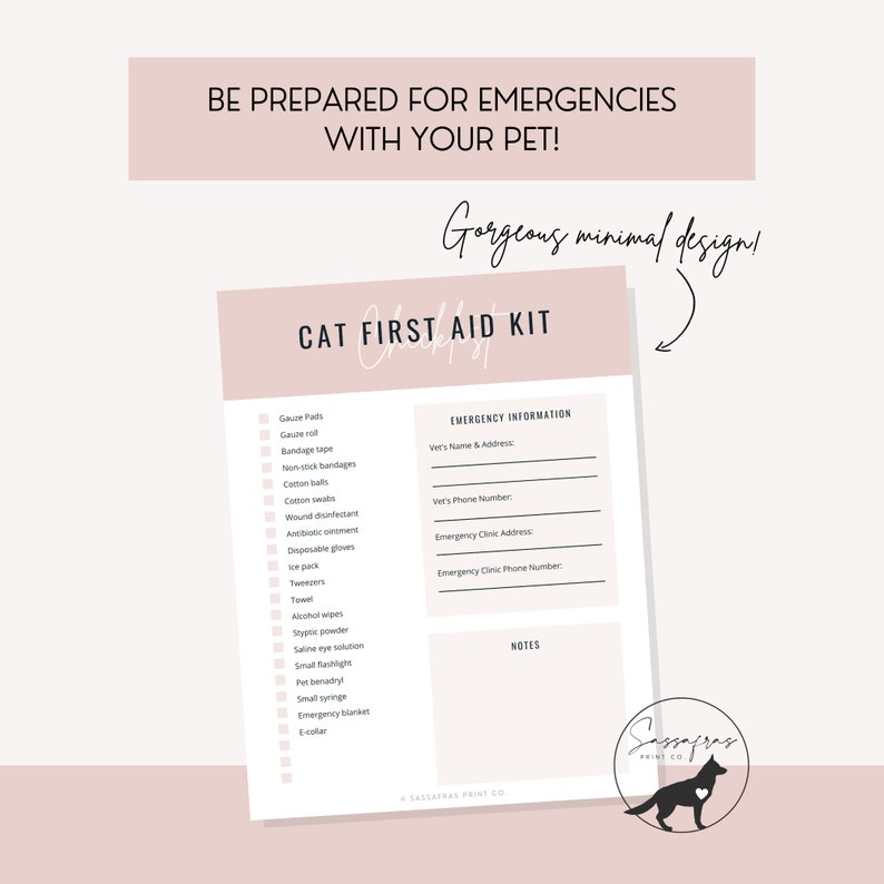 Cat First Aid Kit Checklist INSTANT DOWNLOAD Minimal Printable Pet ...