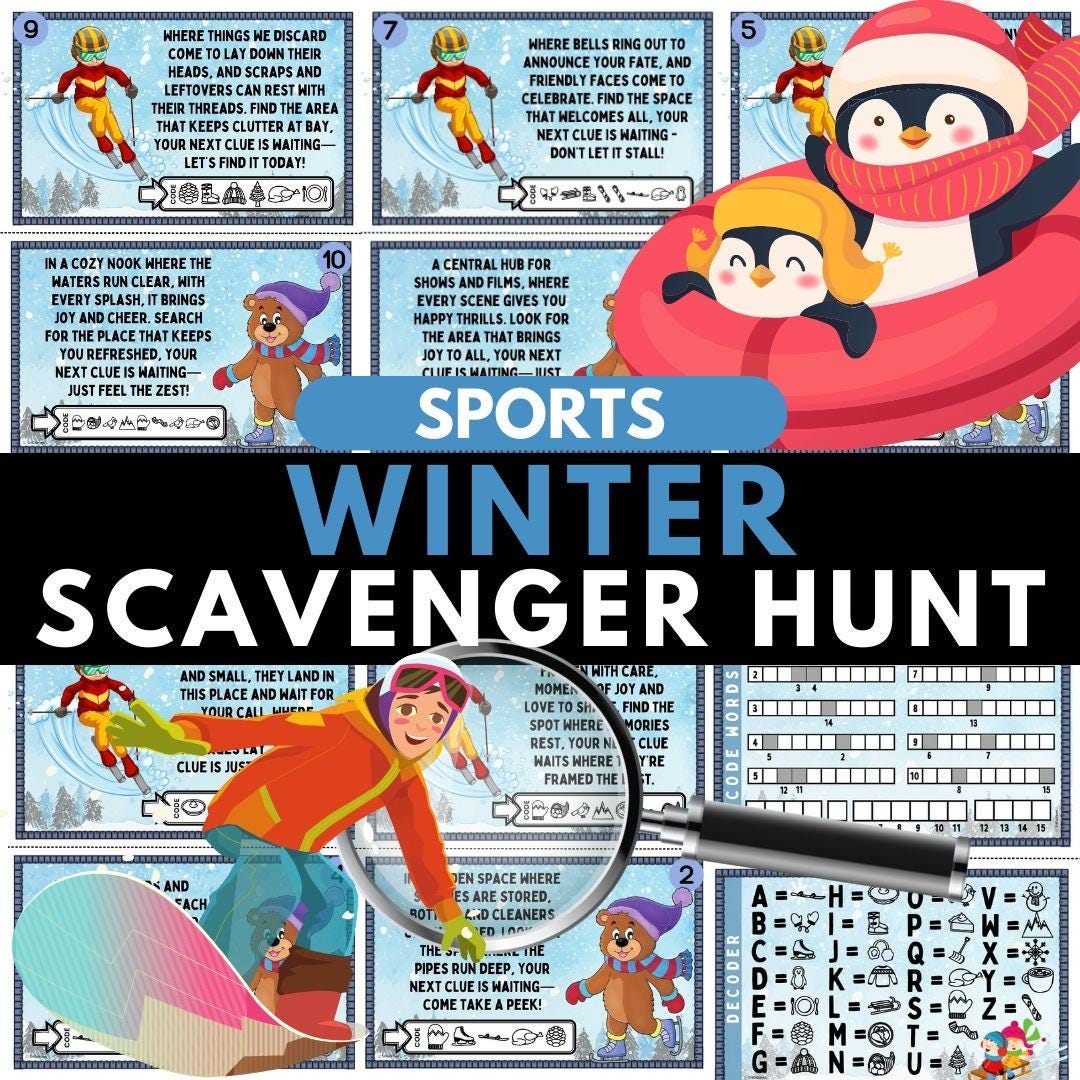 Winter Sports Scavenger Hunt for Kids, Indoor Printable Game, Riddles ...