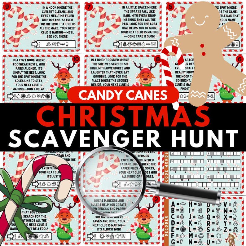 Candy Canes Scavenger Hunt for Kids, Indoor Printable Game, Riddles ...