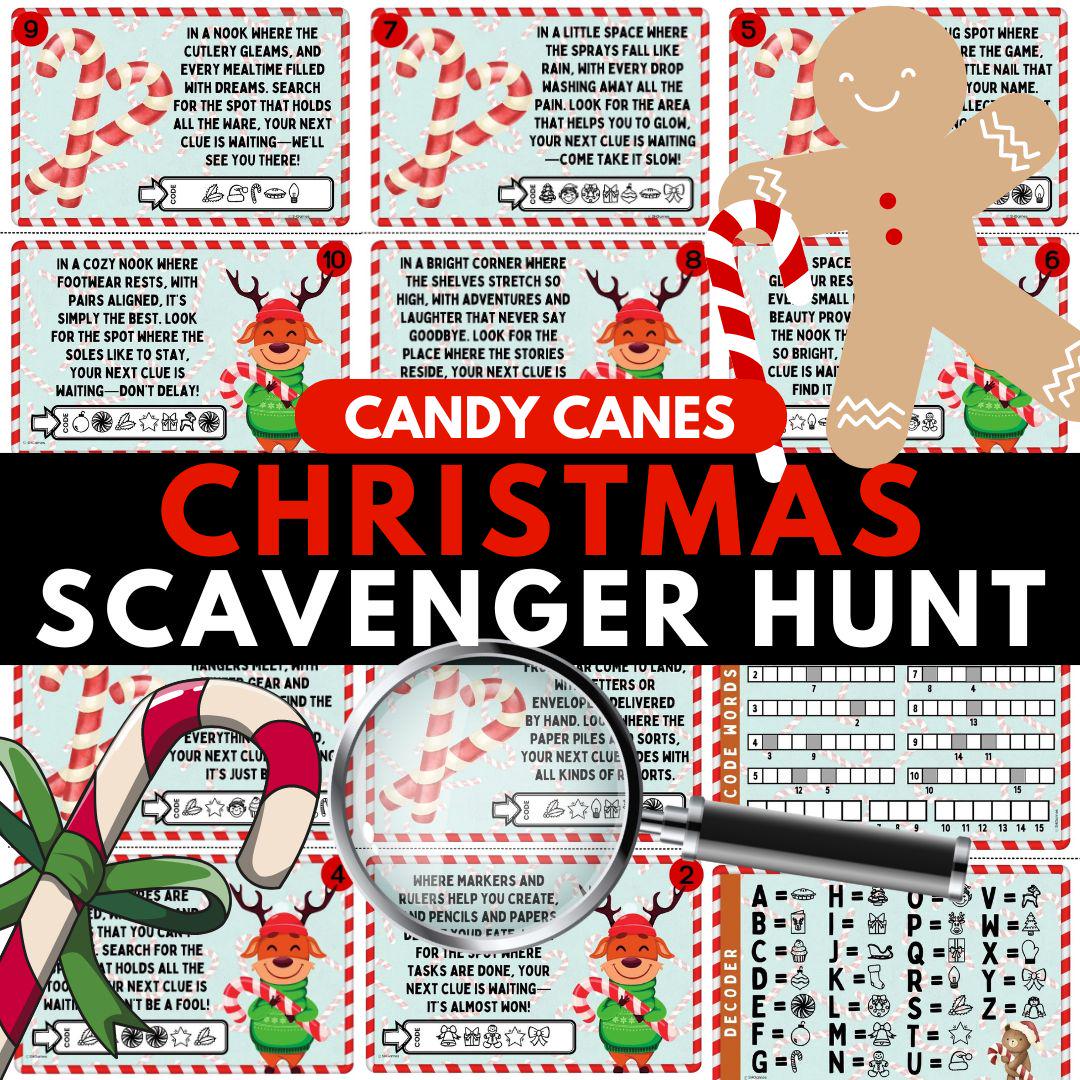 Candy Canes Scavenger Hunt for Kids, Indoor Printable Game, Riddles ...