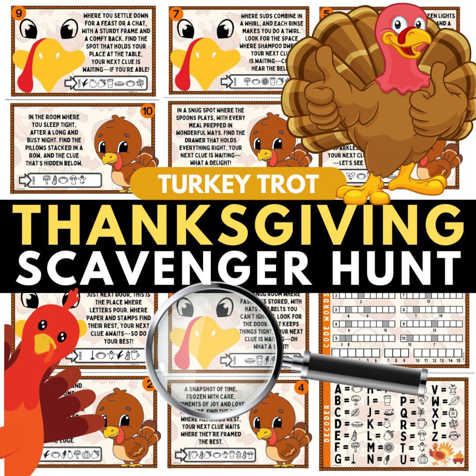 Turkey Trot Scavenger Hunt for Kids, Indoor Printable Game, Riddles ...