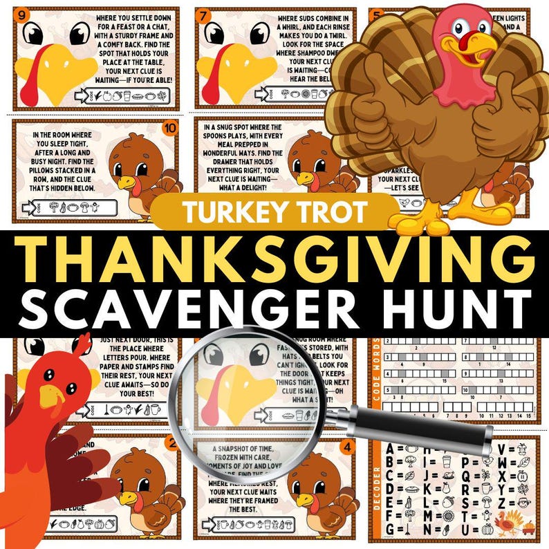 Turkey Trot Scavenger Hunt for Kids, Indoor Printable Game, Riddles ...