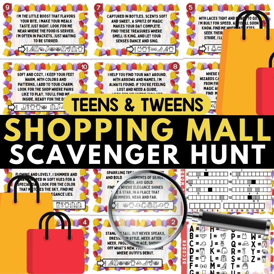 Mall Scavenger Hunt for Teens or Tweens, Printable Game, Riddles, Clues ...