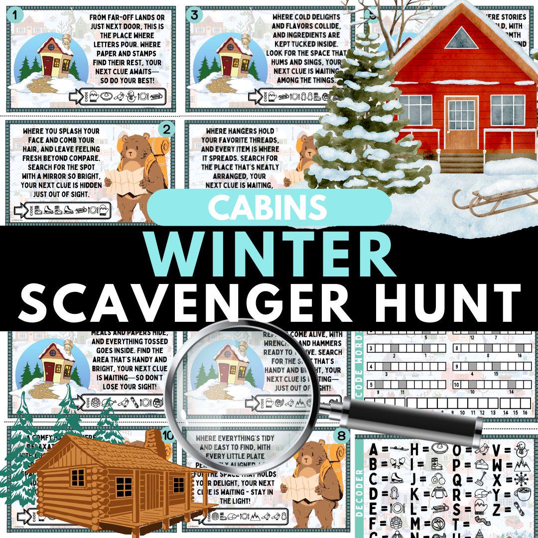 Winter Cabin Scavenger Hunt for Kids, Indoor Printable Game, Riddles ...