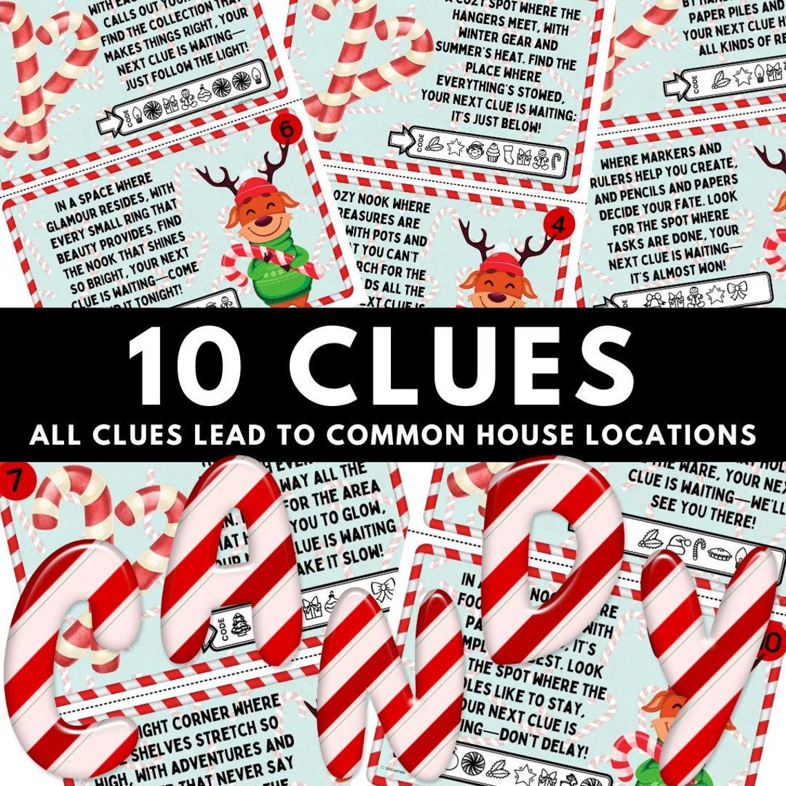 Candy Canes Scavenger Hunt for Kids, Indoor Printable Game, Riddles ...