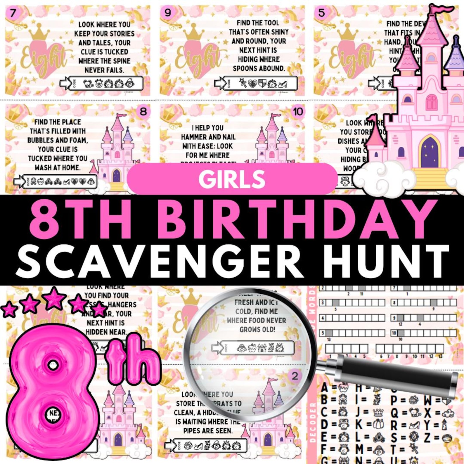 Girls 8th Birthday Scavenger Hunt for Kids, Indoor Printable Game ...