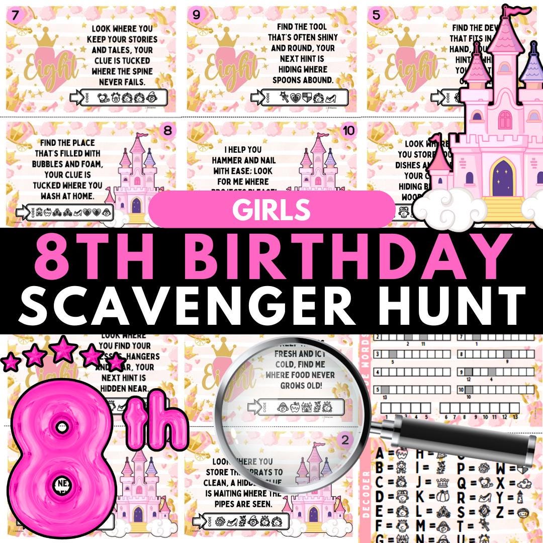 Girls 8th Birthday Scavenger Hunt for Kids, Indoor Printable Game ...