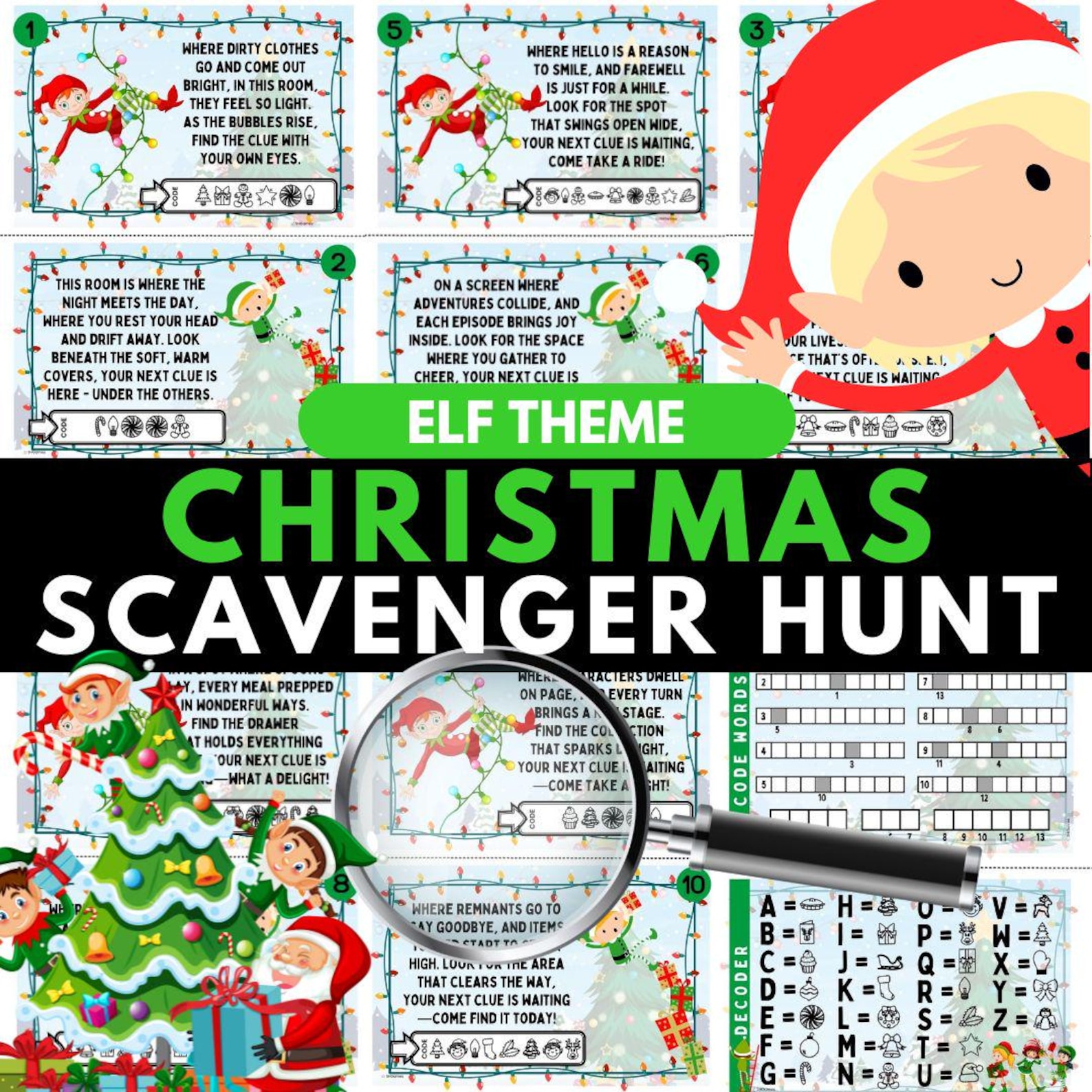 Christmas Elves Scavenger Hunt for Kids, Indoor Printable Game, Riddles ...