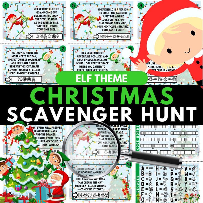 Christmas Elves Scavenger Hunt for Kids, Indoor Printable Game, Riddles ...