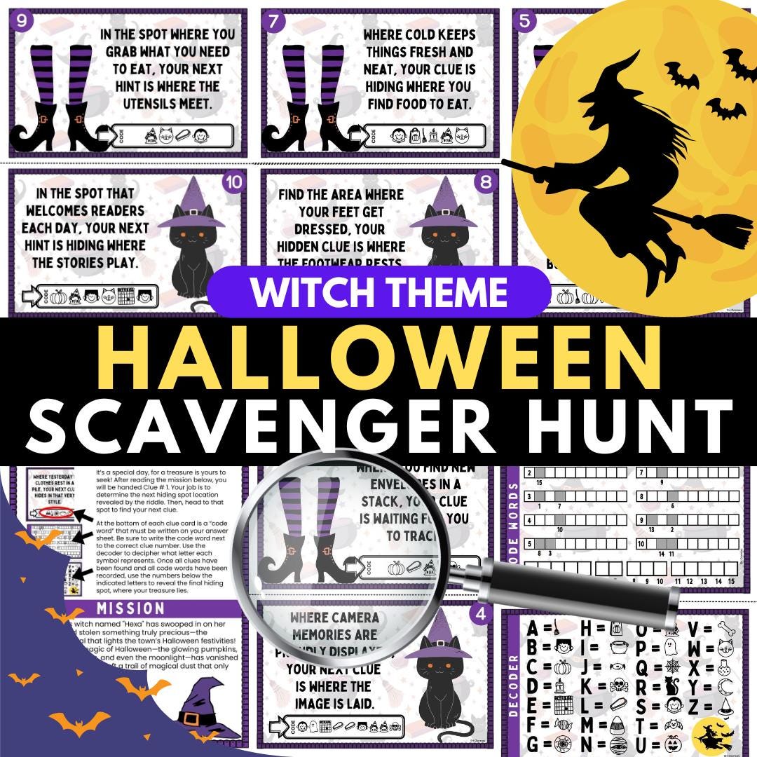 Halloween Witch Scavenger Hunt for Kids, Indoor Printable Game, Puzzles ...