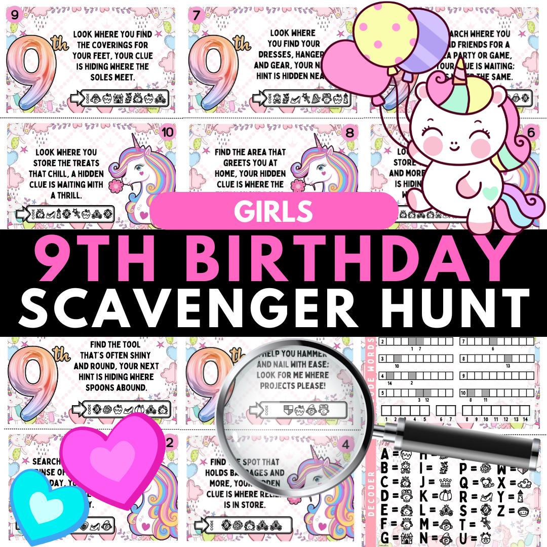 Girls 9th Birthday Scavenger Hunt for Kids, Indoor Printable Game ...