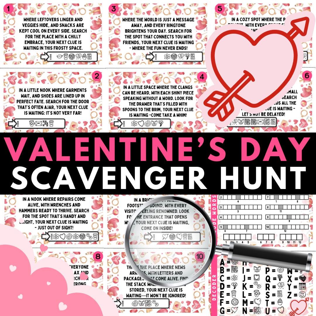 Valentine's Day Scavenger Hunt for Kids, Indoor Printable Game, Riddles ...