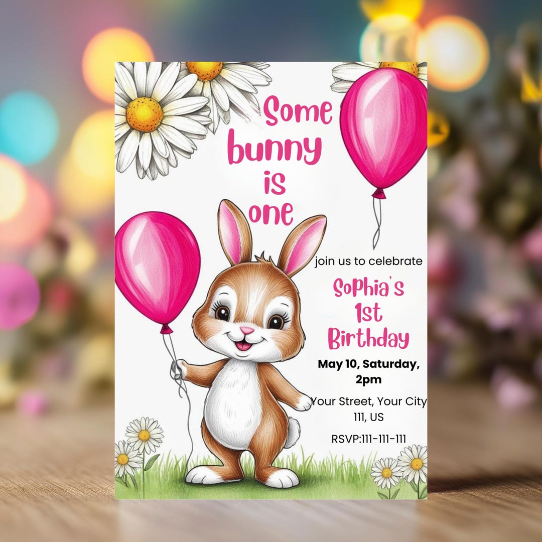Editable Bunny Birthday Invitation, Some Bunny 1st Birthday Party, Hop ...