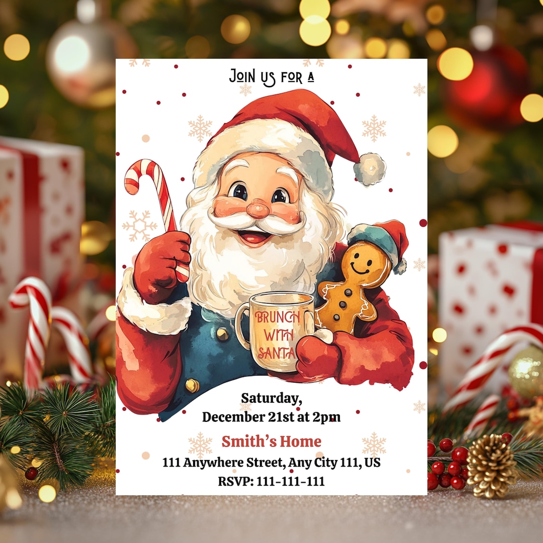 Editable Brunch With Santa Invitation, Christmas Party Invite, Holiday ...